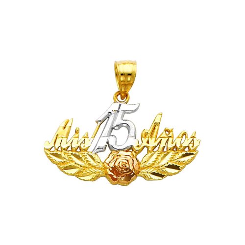 14k REAL Tri Color Gold 15 A?os Pendant with 1.5mm Diamond Cut Chain Necklace - 20"