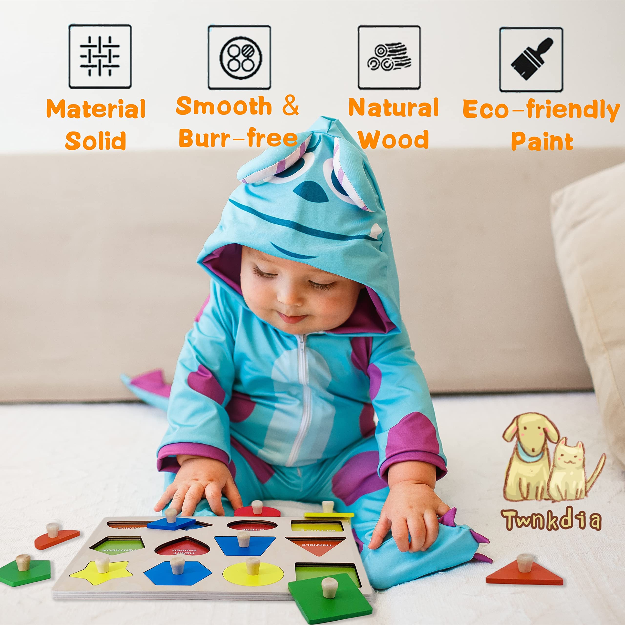 12 Block Montessori Toys,Shape Puzzles, Wooden Baby Puzzles for 1+ Year Old Toddlers or 1-3 Years Babies