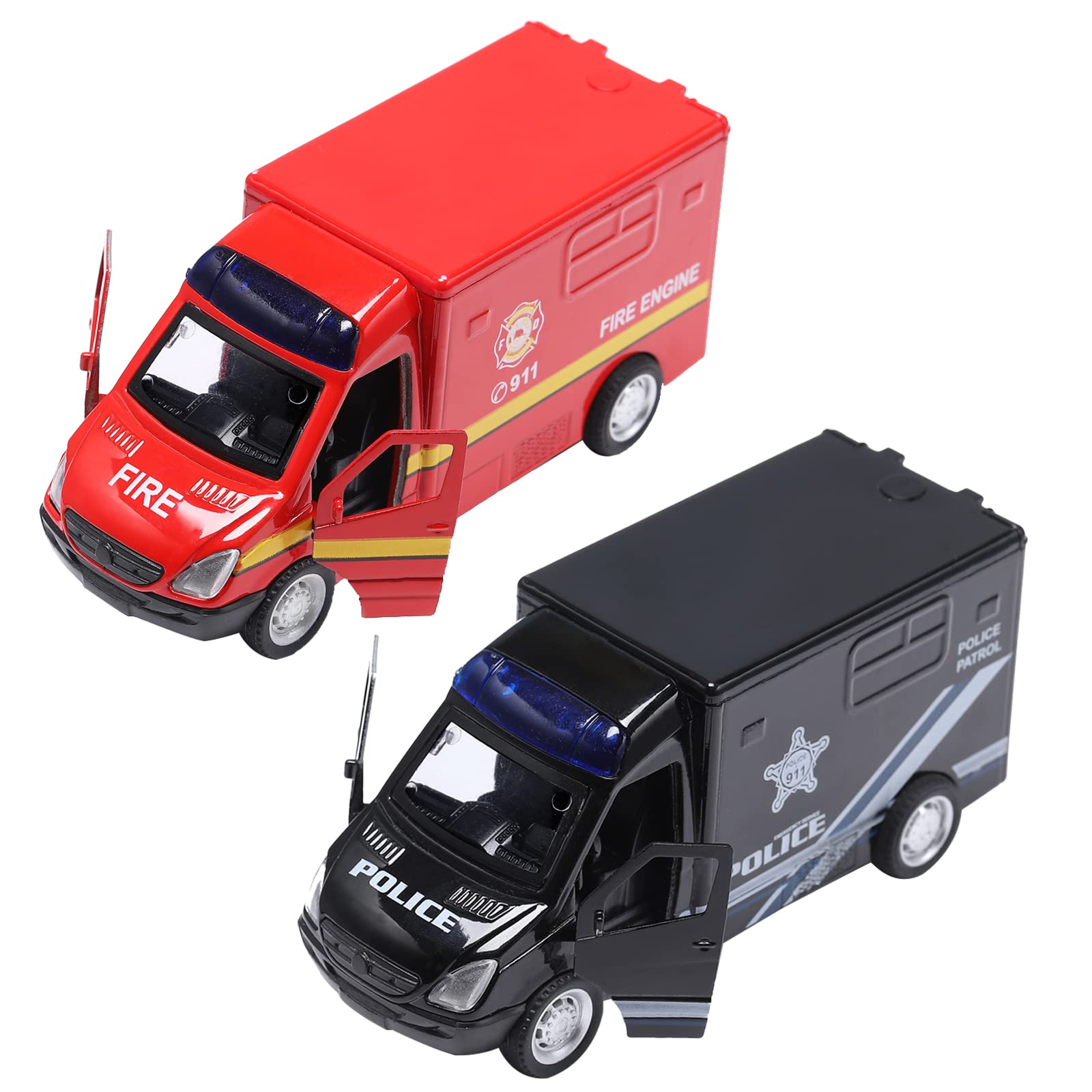 2 Pack Diecast Emergency Vehicle Toy Playsets,Pull Back Alloy Metal Car with Openable Doors,Fire Truck,Police Car Playset for Kids Boys