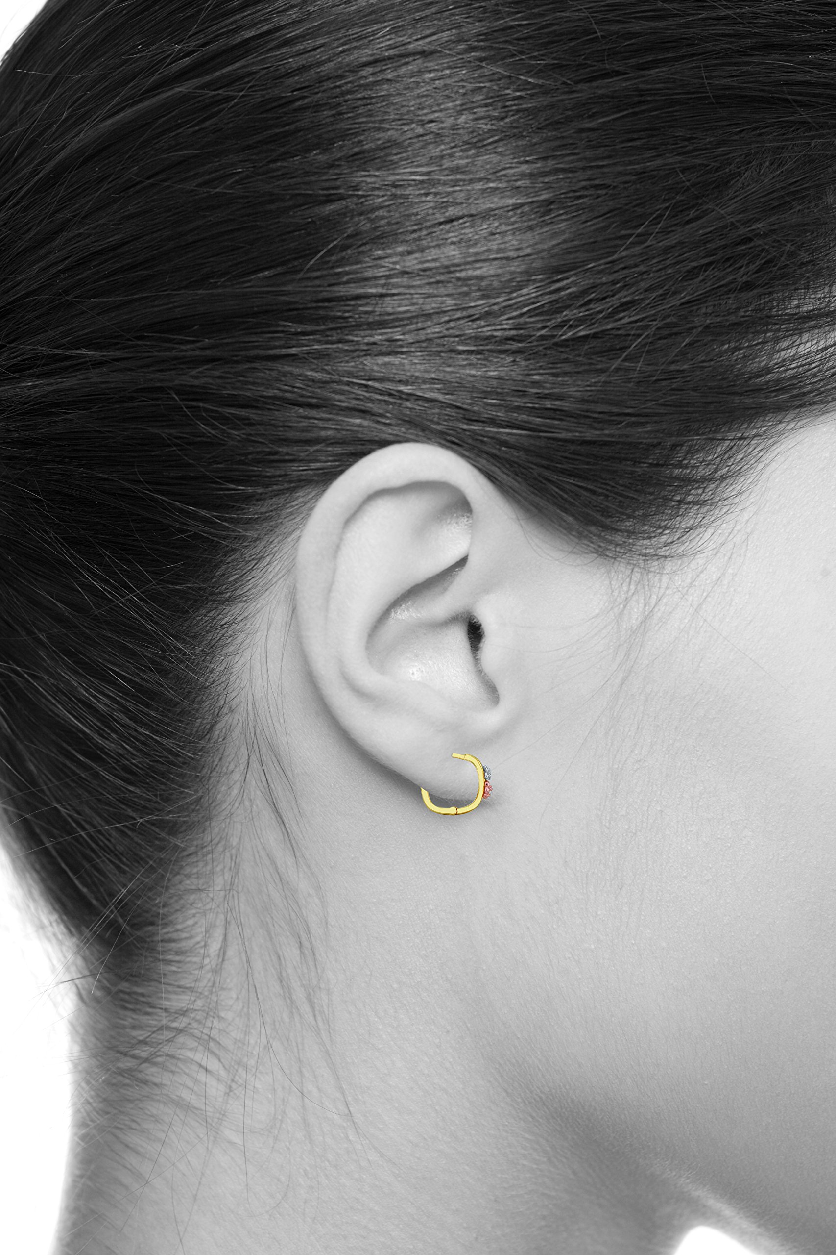 14k REAL Tri Color Gold 4mm Thickness Flower CZ Hoop Huggie Earrings (12 x 12 mm)