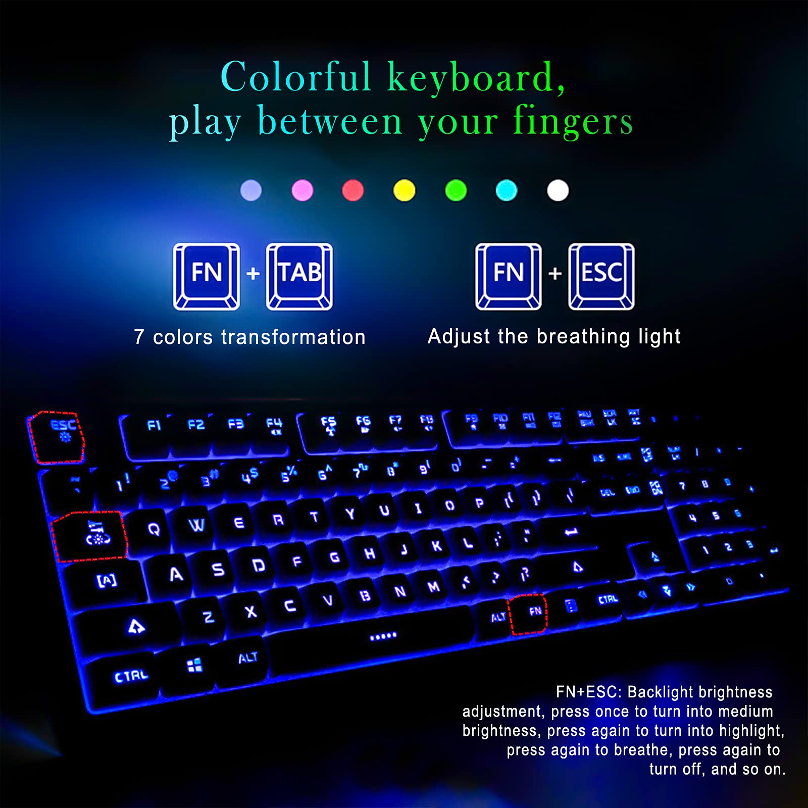 VINMEN Pink Gaming Keyboard with 7 Color LED Backlit Wired USB 104 Keys Keyboard Waterproof Fresh Style Computer Game Keyboard for PC Mac Laptop