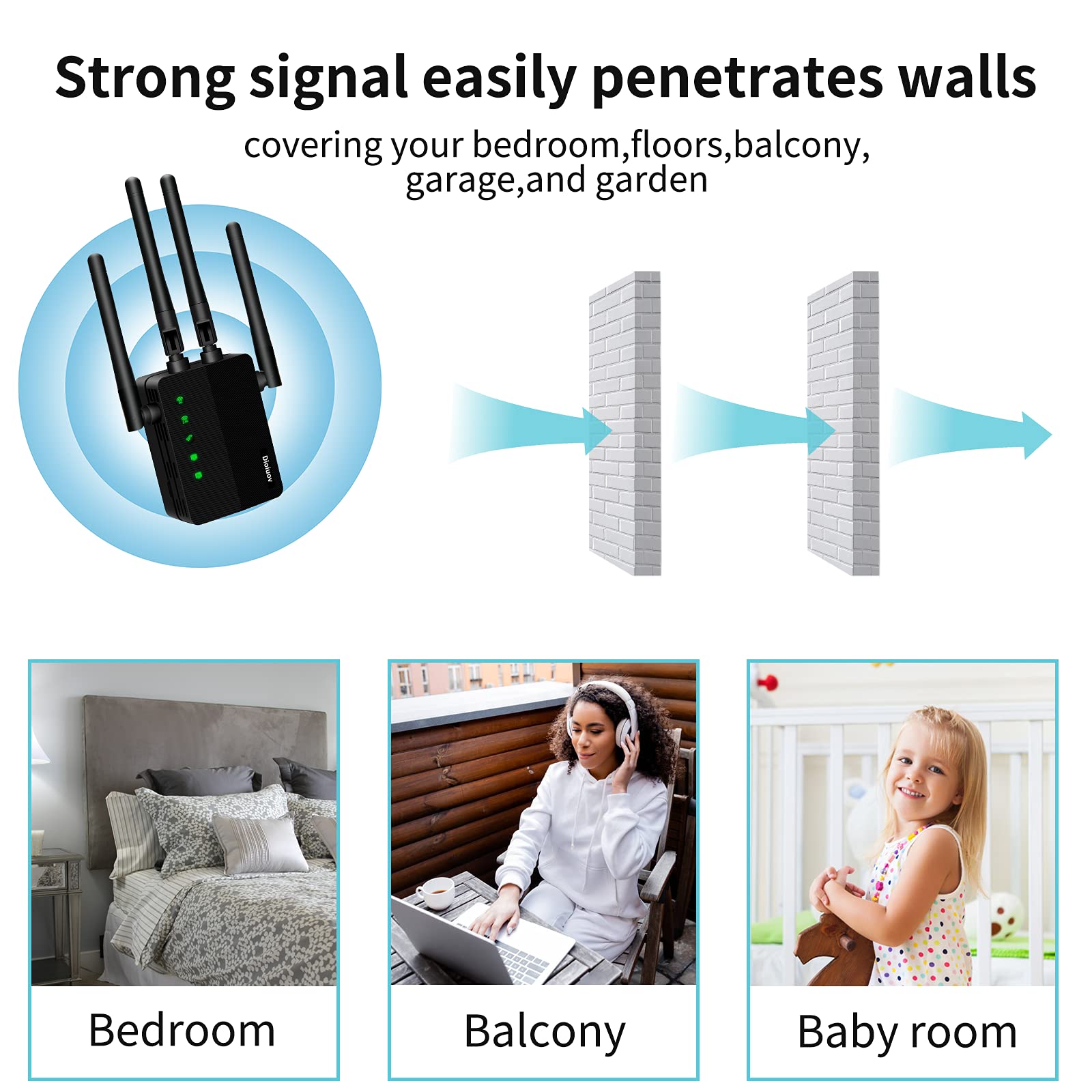 WiFi Extender 1200 Mbps-2.4 and 5GHz Dual-Band Network-Wireless Amplifier Signal Booster-Wireless Repeater with Smart Signal Indicator