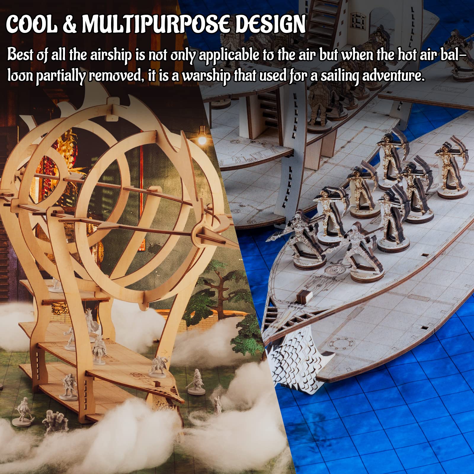 3D Airship Model Wood Laser Cut Hot Air Balloon with 1" Grids Fantasy Aerial Combat Terrain Map for D&D, Pathfinder, Warhammer and Other Tabletop RPG