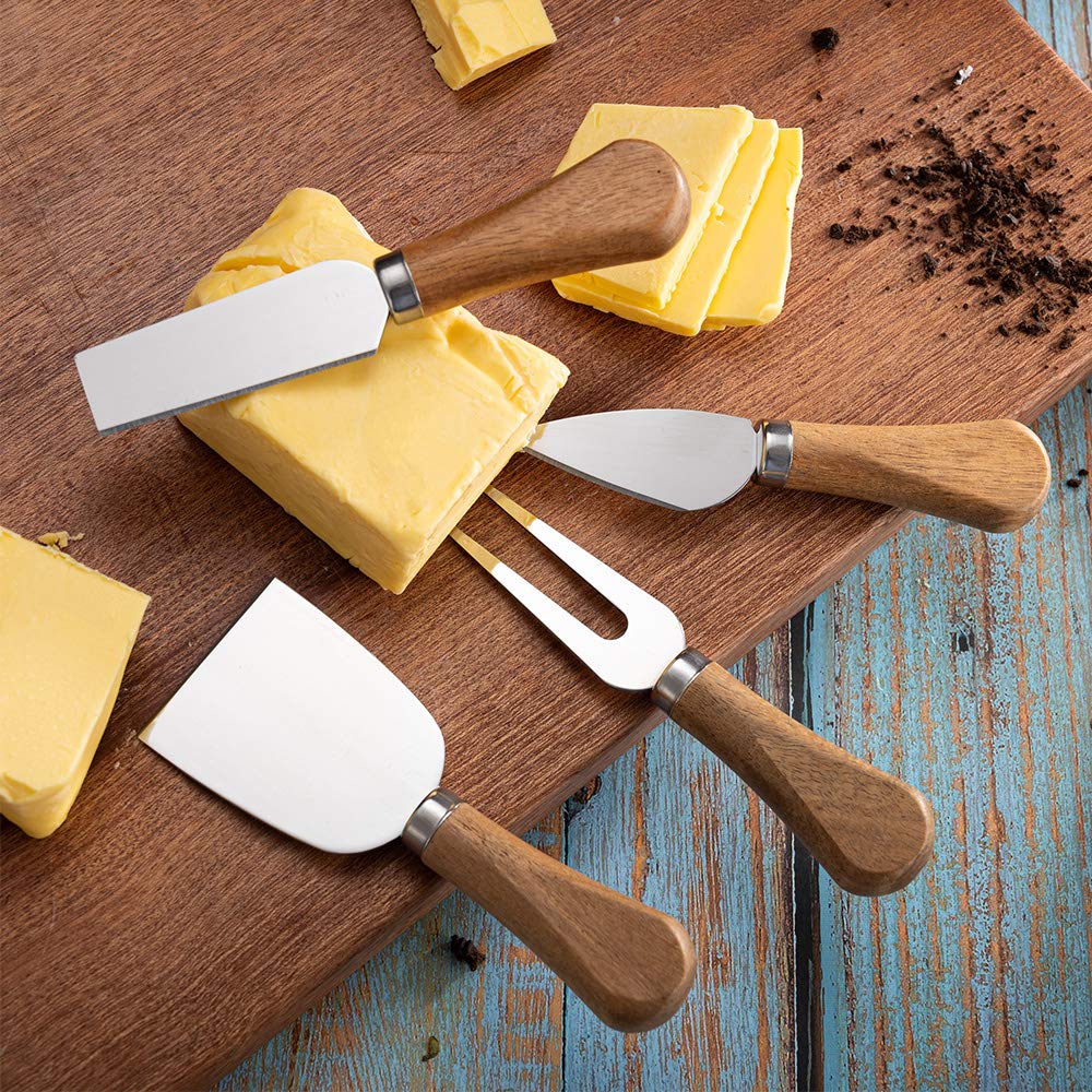 4 Piece Set Cheese Knife - Stainless Steel Cheese Cutter Board and Slicer, Fork Shaver and Spreader with Wood Handle, Sharp Butter Knife and Spatula for Cake Cutlery