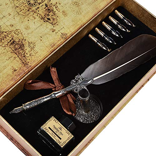 AIVN Calligraphy Pen - Antique Feather Quill with 17 nibs - Writing Case with Black Ink