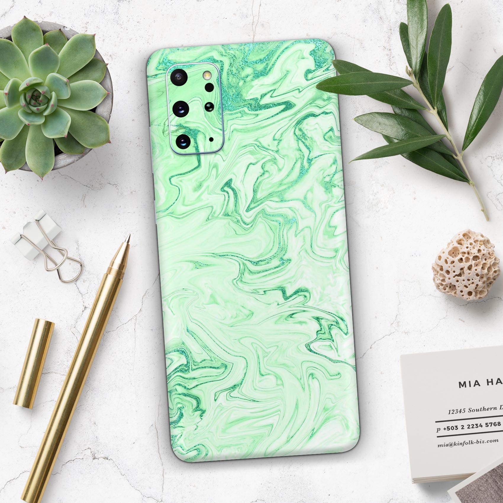 DesignSkinz Mint Marble & Digital Gold Foil V9 Protective Vinyl Decal Wrap Skin Cover Compatible with The Samsung Galaxy S20 (Screen Trim & Back Glass Skin)