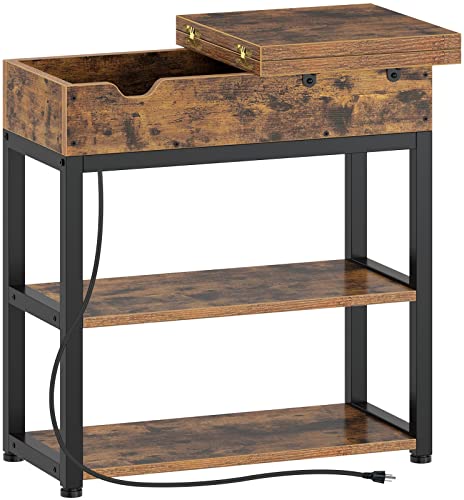 Rolanstar End Table with Charging Station, Narrow Nightstand, Flip Top Side Table with USB Ports and Storage Shelves for Small Spaces, Living Room, Bedroom (Rustic Brown)