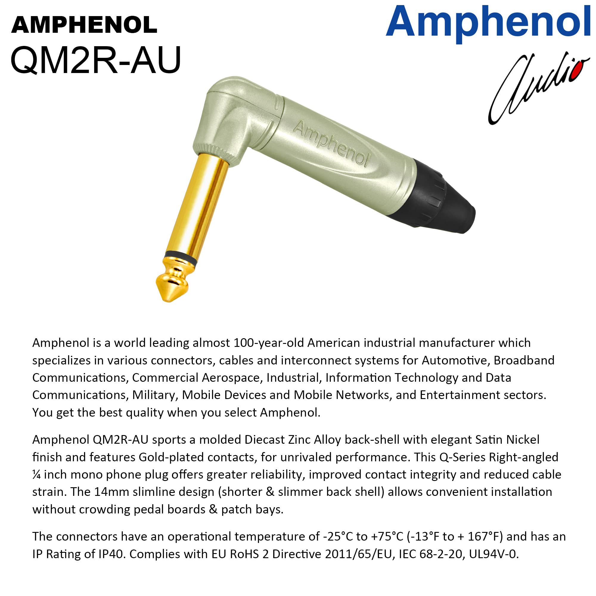 20 Foot - Gotham GAC-1 Ultra Pro (Black) - Premium, Low-Capacitance (21 pf/F) Guitar Bass Instrument Cable - Amphenol QM2R-AU & QM2P-AU ¼ Inch (6.35mm) Gold TS Connectors