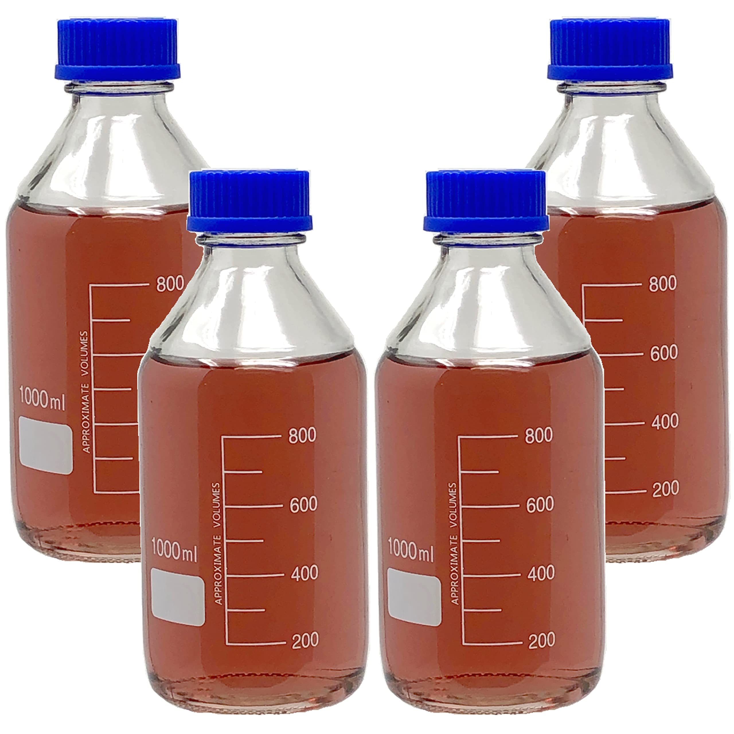 1000ml Glass Round Media Storage Bottles with GL45 Screw Cap, Borosilicate Glass, Heavy Duty, Karter Scirentific 251N9 (Pack of 4)