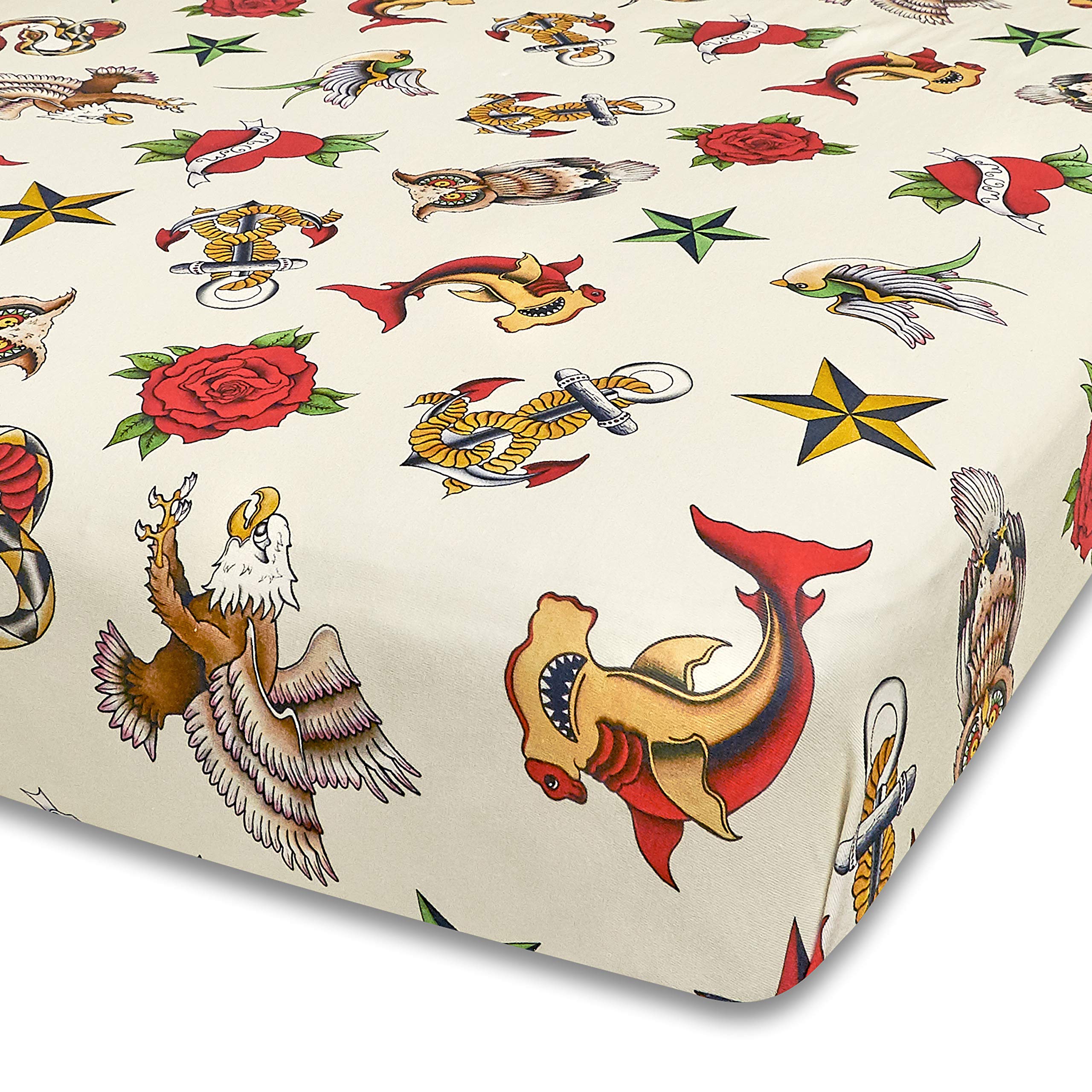 Tattoo Design Jersey Knit Cotton Crib Sheet | Sailor Jerry Inspired Tattoo Design | Breathable and Extra Soft