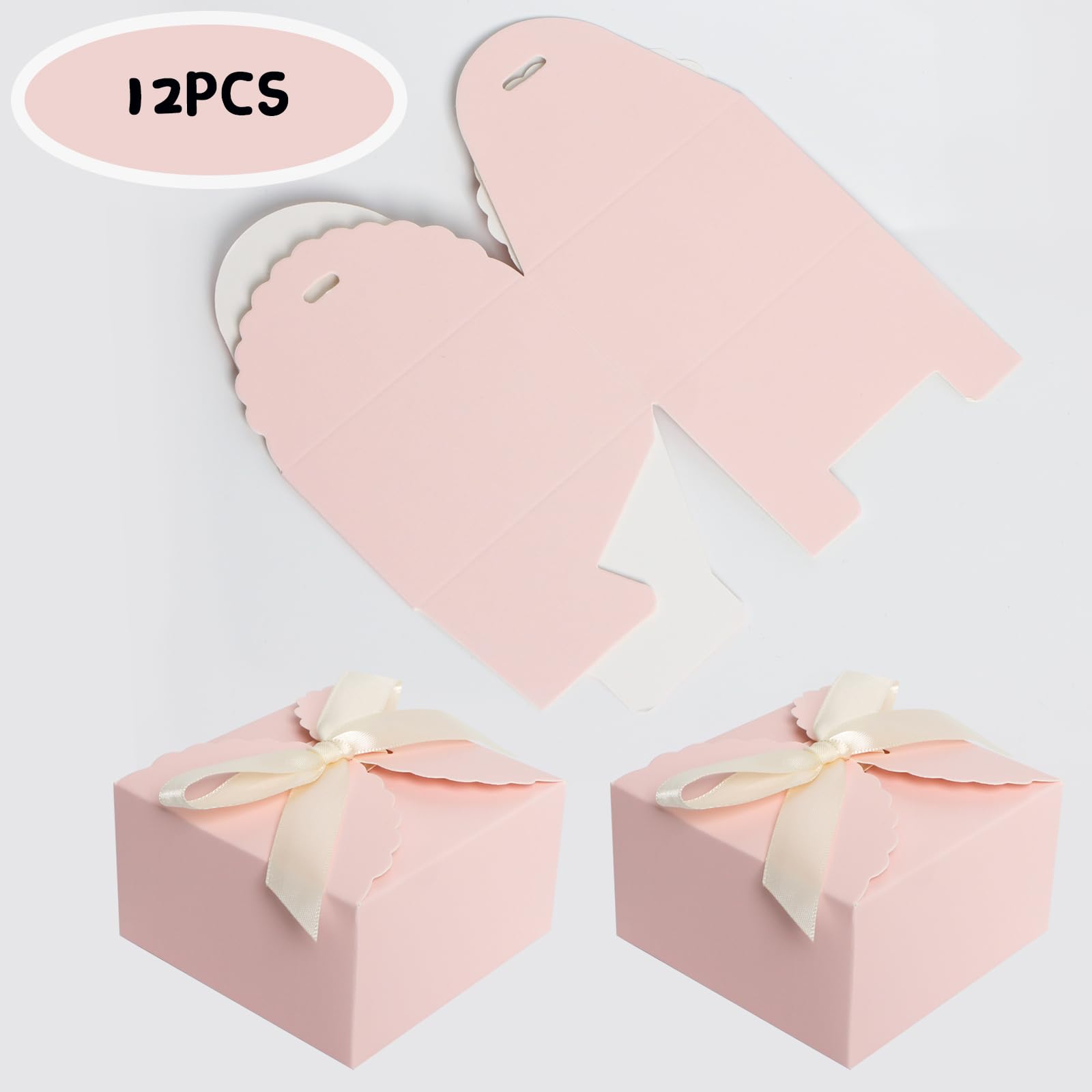 12pcs Pink Gift Box Kraft Square with Bow Foldable Small Candy Box with Ribbon for Gift Giving, Graduation Season, Christmas, Birthday Pink Mini Gift Boxes for Packaging