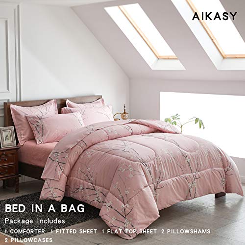 AIKASY Bed in a Bag 6 Pieces Twin Size - Floral Print - Soft Microfiber, Reversible Bed Comforter Set (1 Comforter, 2 Pillow Shams, 1 Flat Sheet, 1 Fitted Sheet, 1 Pillowcases)(Pink, Twin)