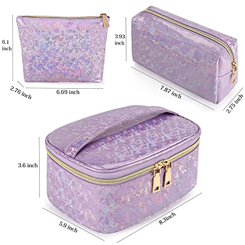 Lubardy Makeup Bag Leather Cosmetic Bag Waterproof Makeup Pouch Portable Makeup Travel Bag Multifunctional Cosmetic Organizer Bag for Women, 3-Pack, Purple