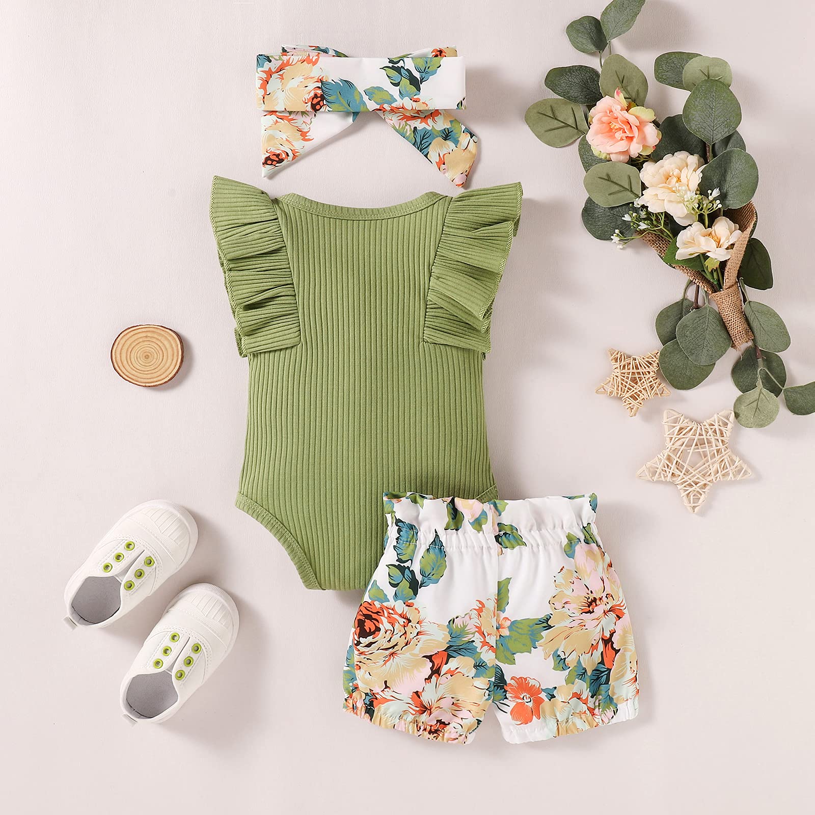 Baby Girl Clothes Infant Summer Outfits Set Ruffle Sleeve Romper Floral Pants 3PCS Bodysuit +Shorts +Headband (Green, 0-3 Months)