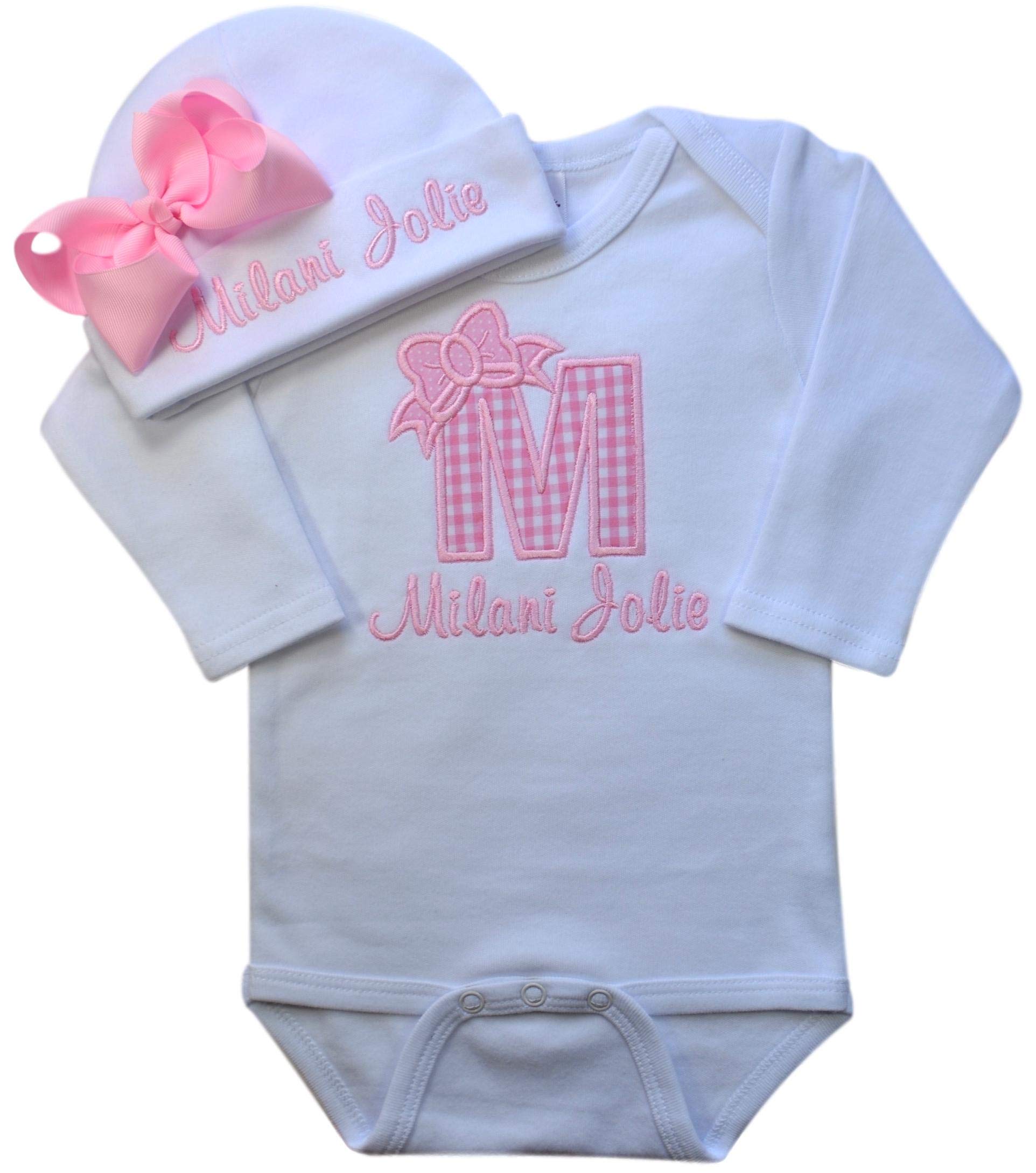 Baby Girl Embroidered Initial Bodysuit And Matching Grosgrain Bow Hat With Custom Name (0-3 Months, Pink Gingham with Light Pink Bow Hat)