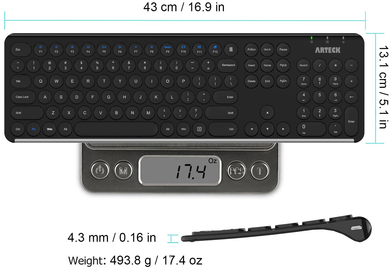 Arteck 2.4G Wireless Keyboard Stainless Steel Ultra Slim Full Size Keyboard with Numeric Keypad for Computer/Desktop/PC/Laptop/Surface/Smart TV and Windows 10/8/ 7 Built in Rechargeable Battery