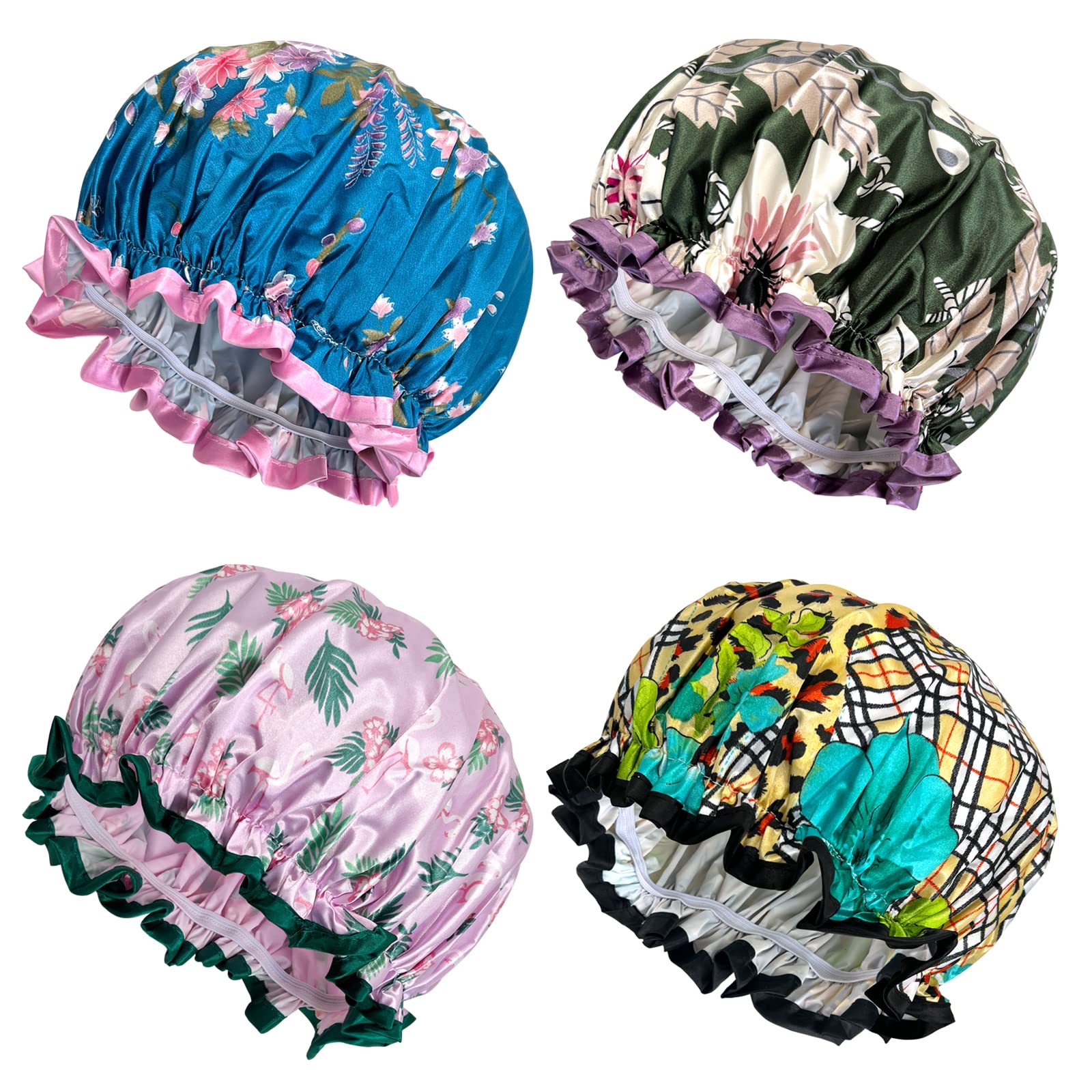 4 Pcs Double Layers Reusable Extra Large Shower Caps Waterproof, Elastic Satin Shower Cap For Women, Hair Bath Cap Bathing Shower Hat XL