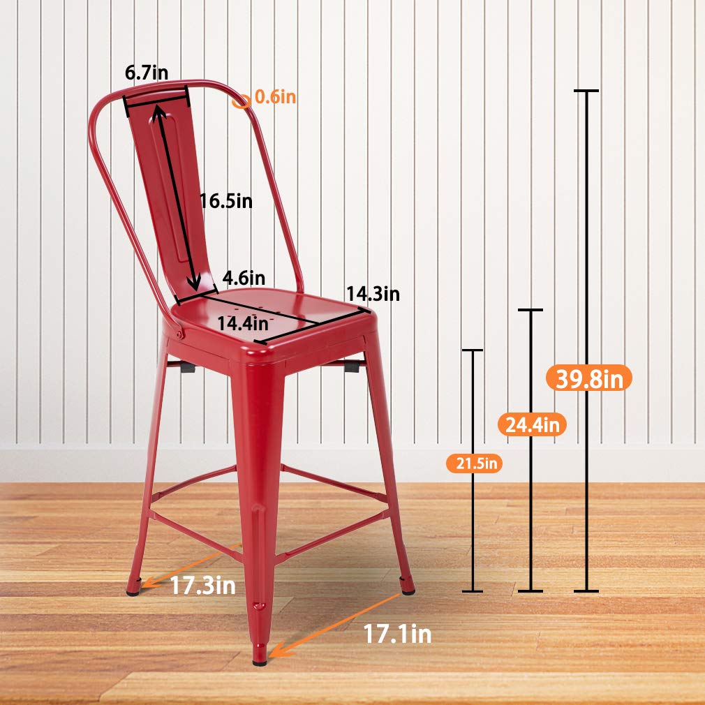 24 Inches Bar Stool Set of 4 Counter Height Barstool with Back Seat Height Industrial Bar Chairs Indoor Outdoor Metal Bar Stool Kitchen Stools Restaurant Patio Stool Stackable Modern Kitchen Stool