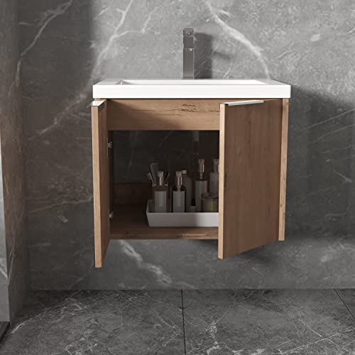 24-Inch Wall Mounted Bathroom Vanity with Sink Combo Modern Single Bathroom Vanity Set with Top Basin & Storage Cabinet Wood Hanging Bath Cabinet w/Resin Sink for Bathroom(Oak White-24'')
