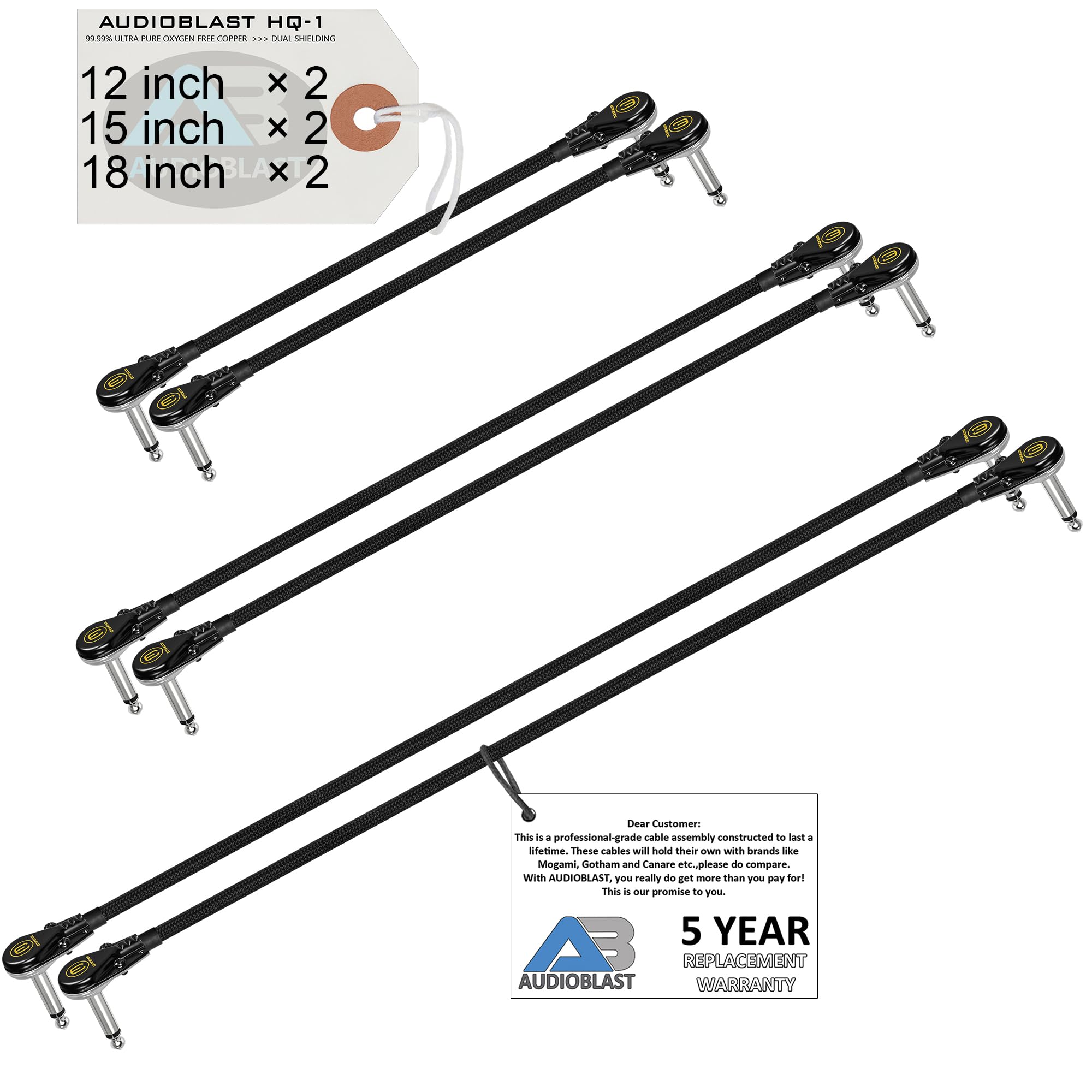 12 Inch x2 + 15 Inch x2 + 18 Inch x2 Audioblast HQ-1 Braid(Black)-Flexible-Dual Shielded(100%)-Instrument Effects Pedal Patch Cable w/Low-Profile, R/A Pancake TS(6.35mm) Plugs & Dual Staggered Boots