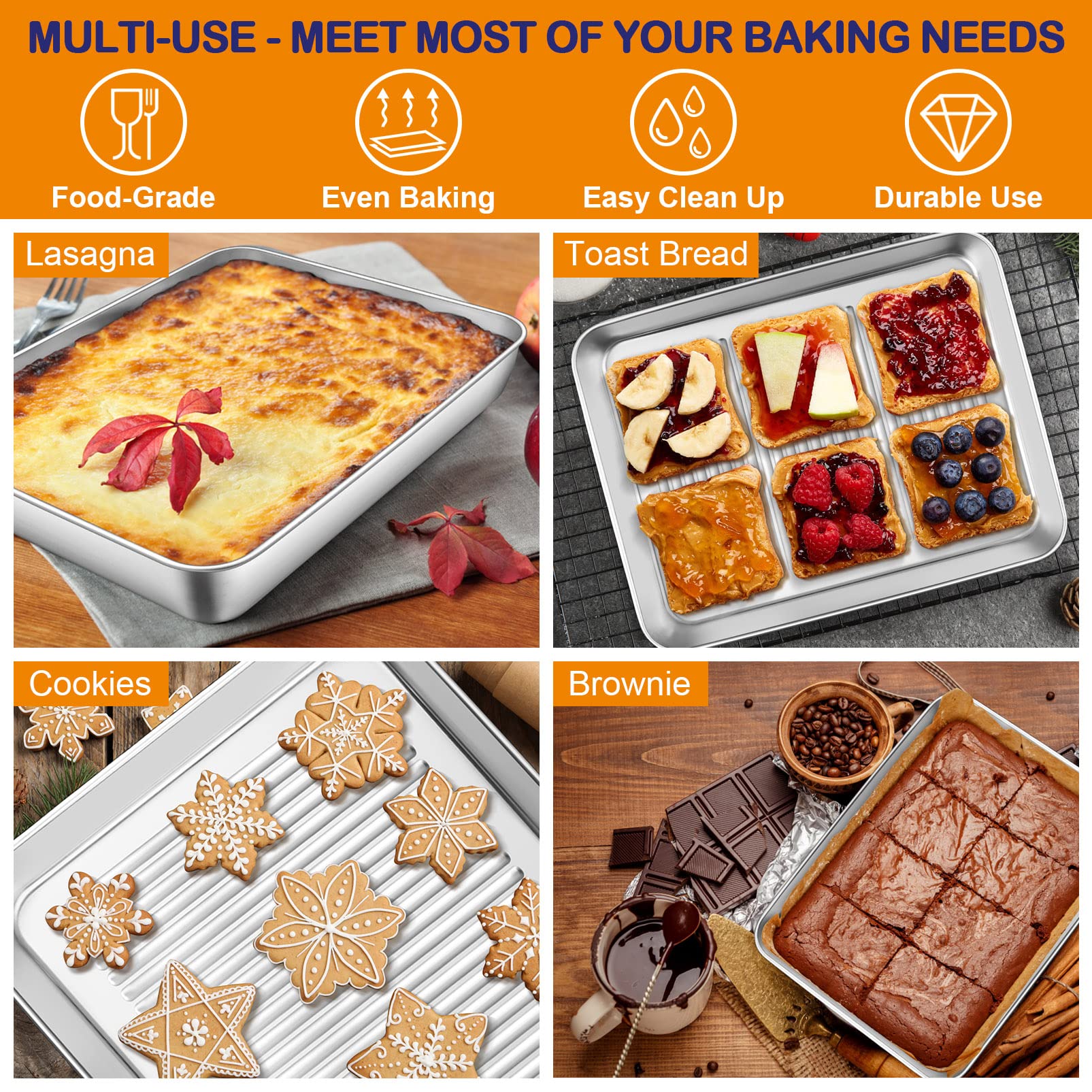12.4 Inch Deep Rectangular Cake Pan, P&P CHEF Stainless Steel Baking Pan Lasagna Pan for Toaster Oven, Perfect to Bake Cookie Cake Meat, Corrugated Bottom & Heavy Duty, Non-Toxic & Dishwasher Safe