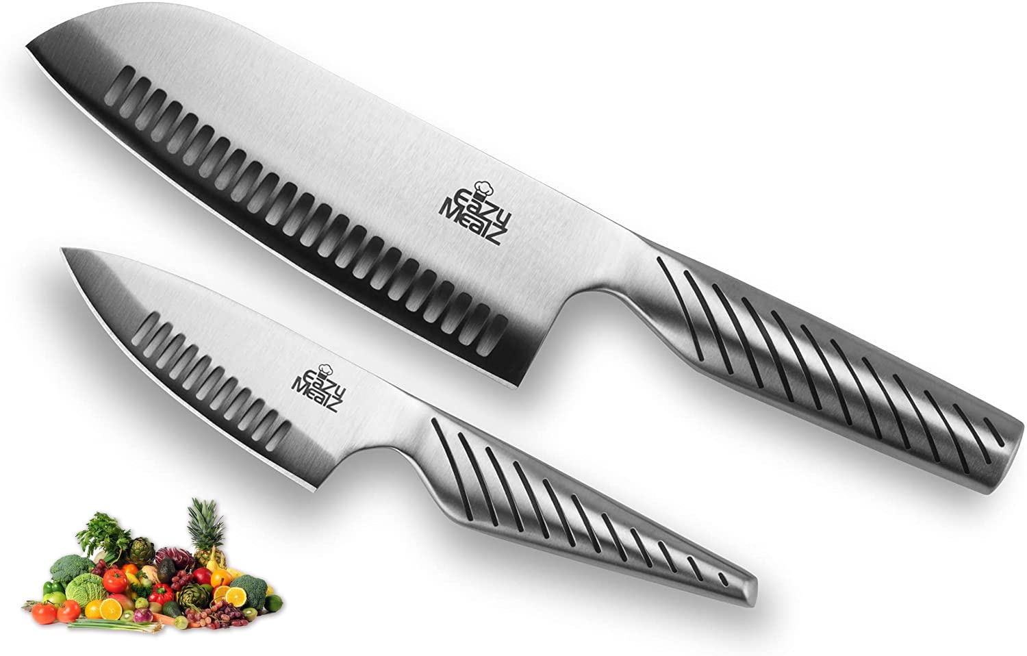 EaZy MealZ Super-Max Sharpness 2 Piece Knife Set | Stainless Steel | Non-Slip Comfort Grip | Professional Quality | All-Purpose | 7” Santoku & 4” Chef’s Knife