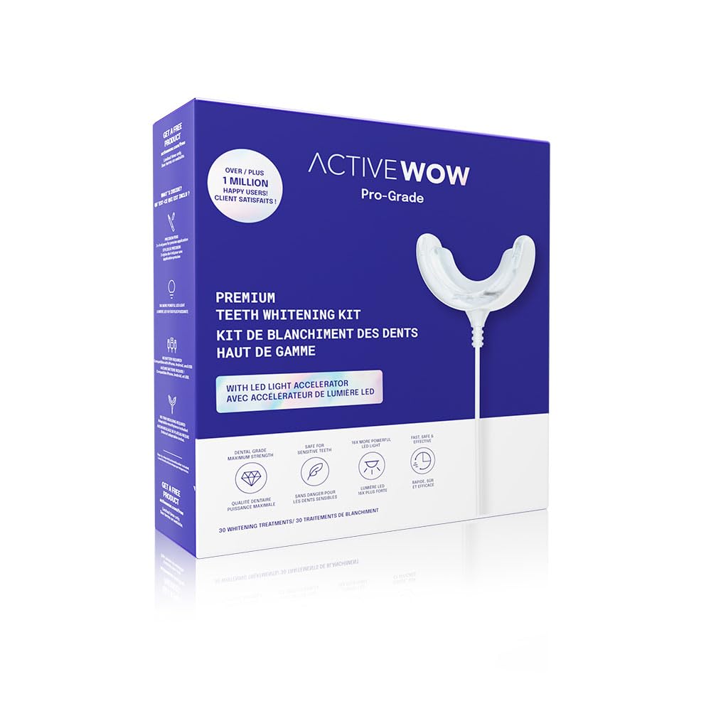 Active Wow 24k White Premium Teeth Whitening Kit - LED Teeth Whitening Kit, Teeth Whitening Light, Fluoride Free, Teeth Whitening Kit with LED Light - Mint Flavor, 30 Treatments