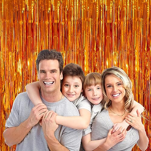 2 Pack 3.2x8.2ft Tinsel Foil Fringe Curtains, Streamers Backdrop Curtains with Adhesive, Photo Booth Background - Home Wall Window Decorations for Birthday, Wedding Party Decor, Orange