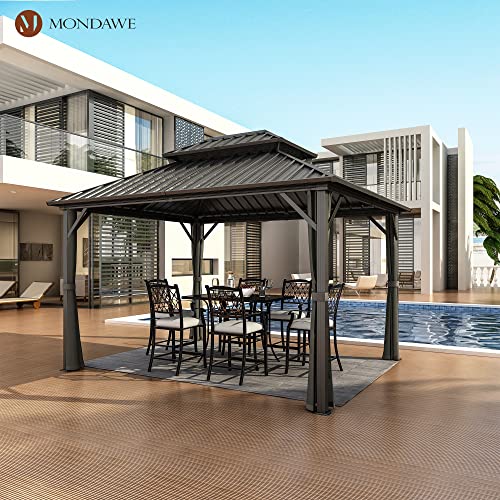 12' X 10' Aluminum Hardtop Gazebo with Nettings and Gutter Heavy Duty Outdoor Patio Double Roof Gazebo Pavilion Galvanized Steel Permanent Gazebo Canopy Grill Shelter for Backyard, Deck