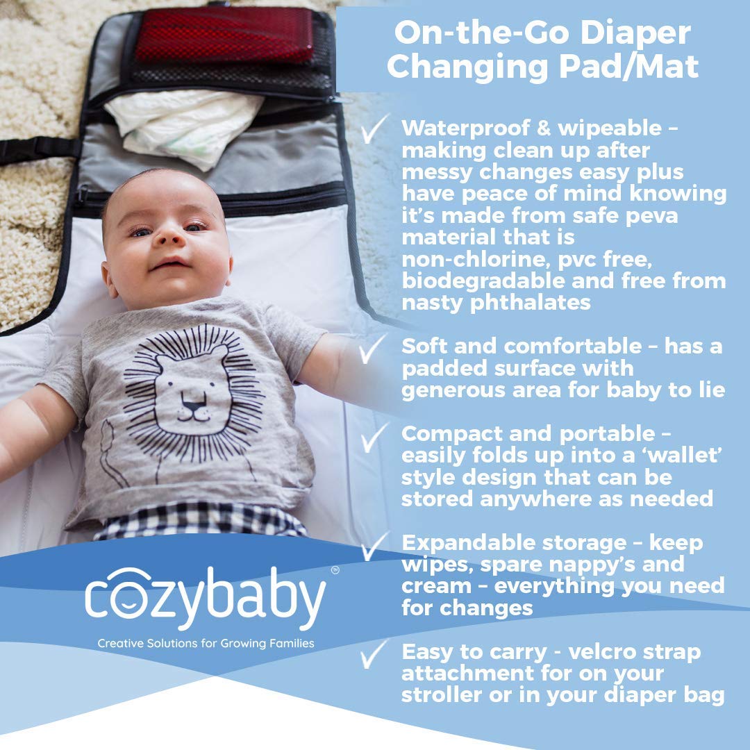 CozyBaby's On-The-Go Diaper Changing Pad (Gray) - Waterproof Padded Diaper Changing Mat with Convenient Storage Compartment Plus Handy Travel Strap & Folds into Easy to Carry Pouch