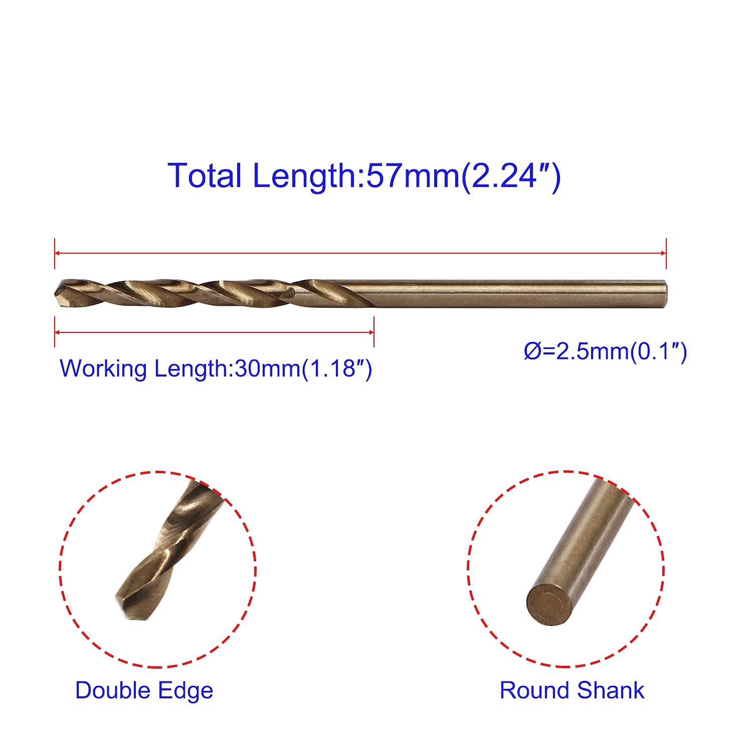Ohamtes 2.5mm Reduced Shank Twist Drill Bits High Speed Steel HSS 4341 for Iron/Copper/Plastic/Aluminum Plates/Metal Materials, Round Shank, Double Edge, 5 Pcs