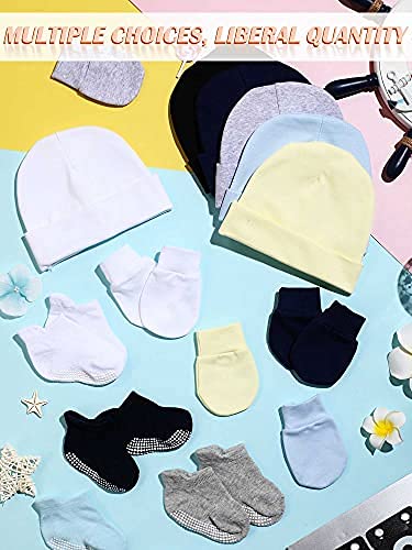 Baby Hats Mittens and Socks Set Unisex Cotton Beanie Cap and Scratch Mitten Non-Slip Baby Ankle Socks for Boys and Girls (White, Black, Grey, Light Blue, Navy Blue, Beige,6 Sets)