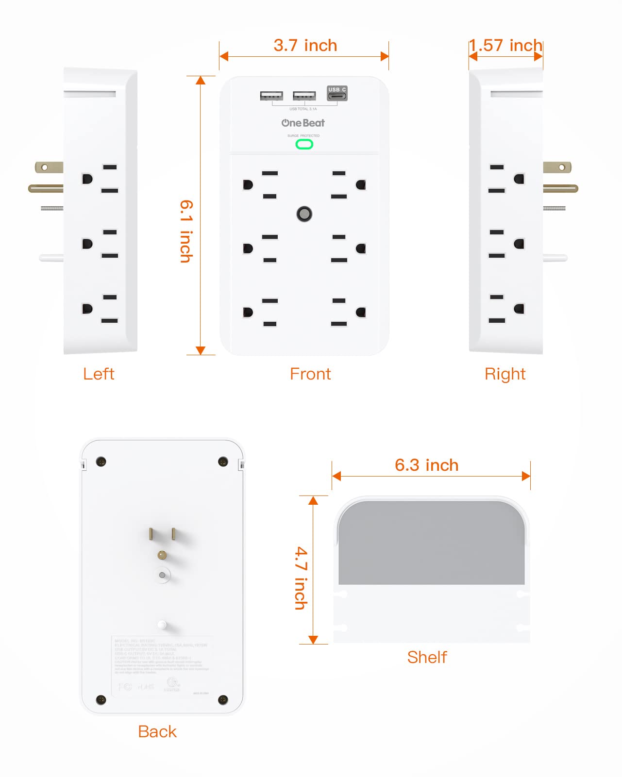 12-Plug Wall Outlet Extender with Shelf, Power Strips, Surge Protector 12 AC Outlets Multi Plug , 3 USB Ports (1 USB C Port) Expander for Home, Office, School