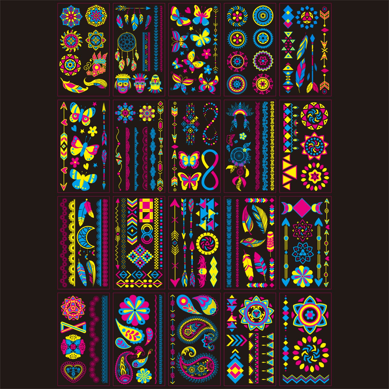 160 PCS Glow in The Dark Temporary Tattoos - Neon UV Blacklight Reactive Light Face Flash Tattoo Stickers,Festival Accessory Party Favors Supplies,Temp Great for EDM EDC Party Rave Parties 20 Sheet