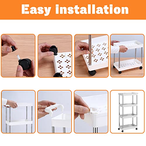 4 Tier Slim Rolling Storage Cart,Laundry Room Organization Rolling Utility Cart Slide Out Storage Shelves Mobile Shelving Unit Organizer for Office Kitchen Bathroom Laundry Narrow Places(White,Slim)