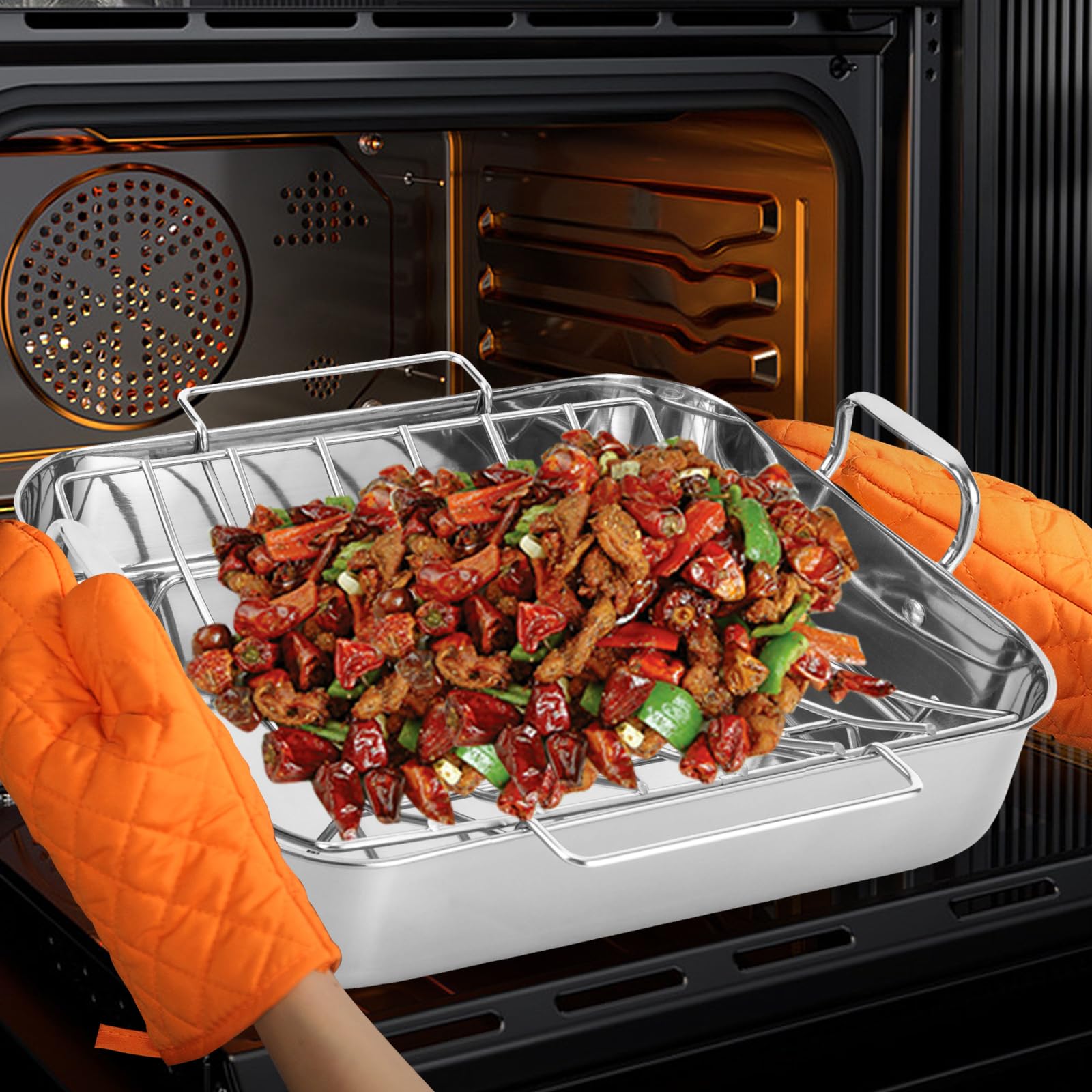 16.5 Inch Roasting Pan with Rack, Stainless Steel Rectangular Turkey Roaster Lasagna Pan for Roasting Turkey/Chicken/Meat & Vegetables, Induction Compatible Dishwasher Safe