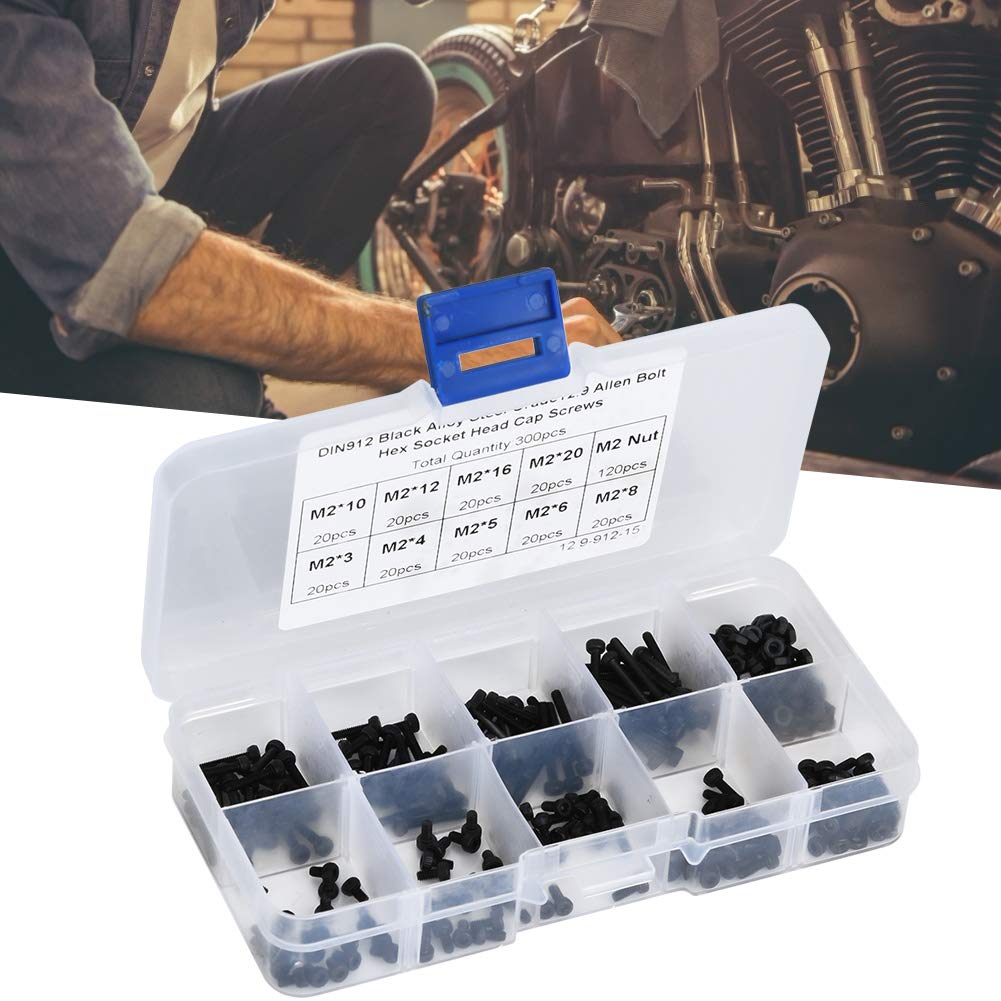 300PCS M2 x 3-20mm 12.9 Grade Black Hex Socket Screw Bolt and Nut Kit Alloy Steel Button Head Socket Bolts