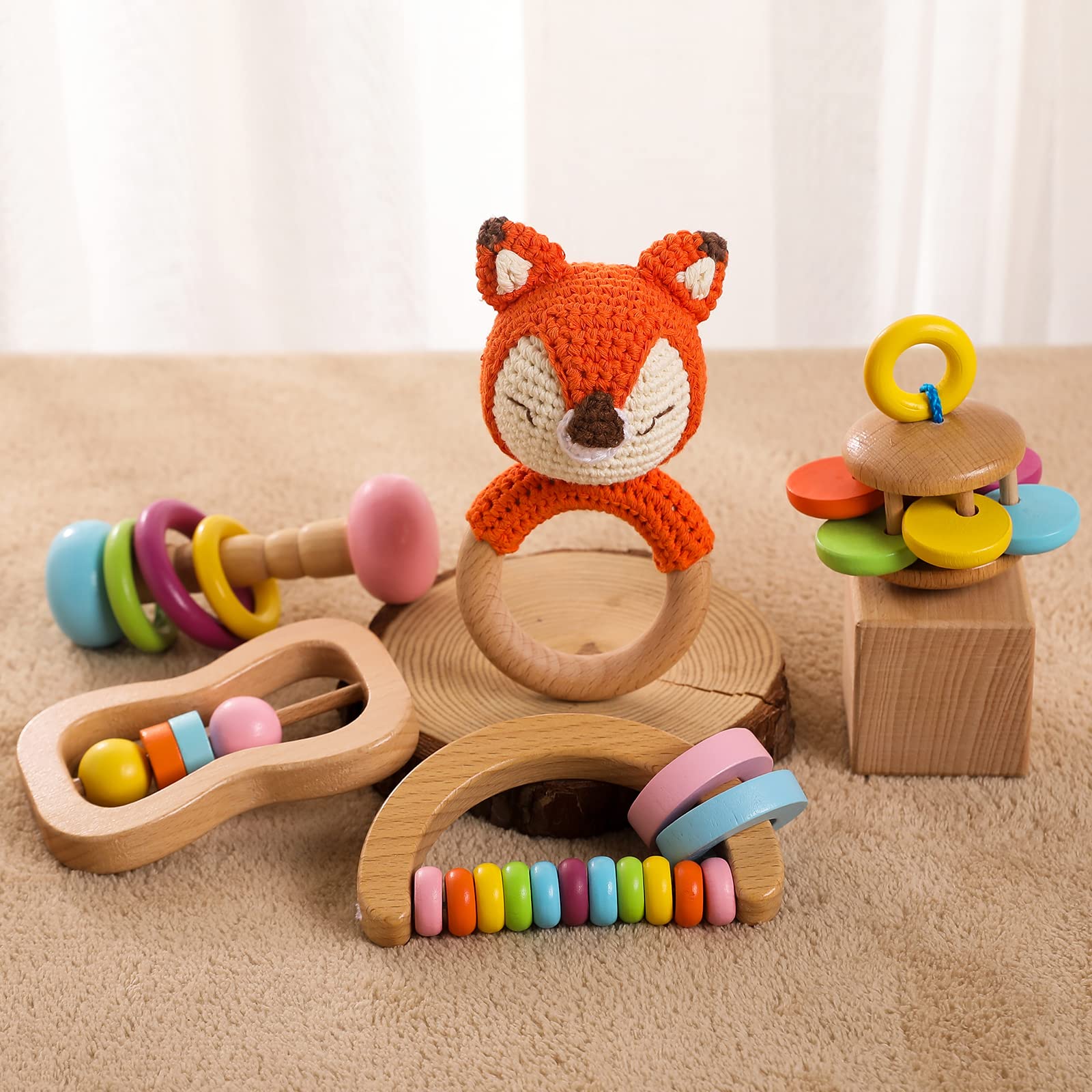 Baby Teething with Wooden Ring Beech Baby Teething Ring 5 PCS Wooden Ring Toy for Baby Wooden Teether with Gift Box