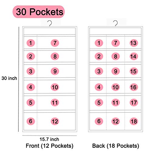 Home Closet Hanging Organizer Mesh Pockets Dual Sided Wall Shelf Wardrobe Storage Bags for Bra Underwear Socks Jewelry Gadget Included 2 Hooks 2 Clothes Hanger Connector Hooks (Beige, 30 Pocktes)