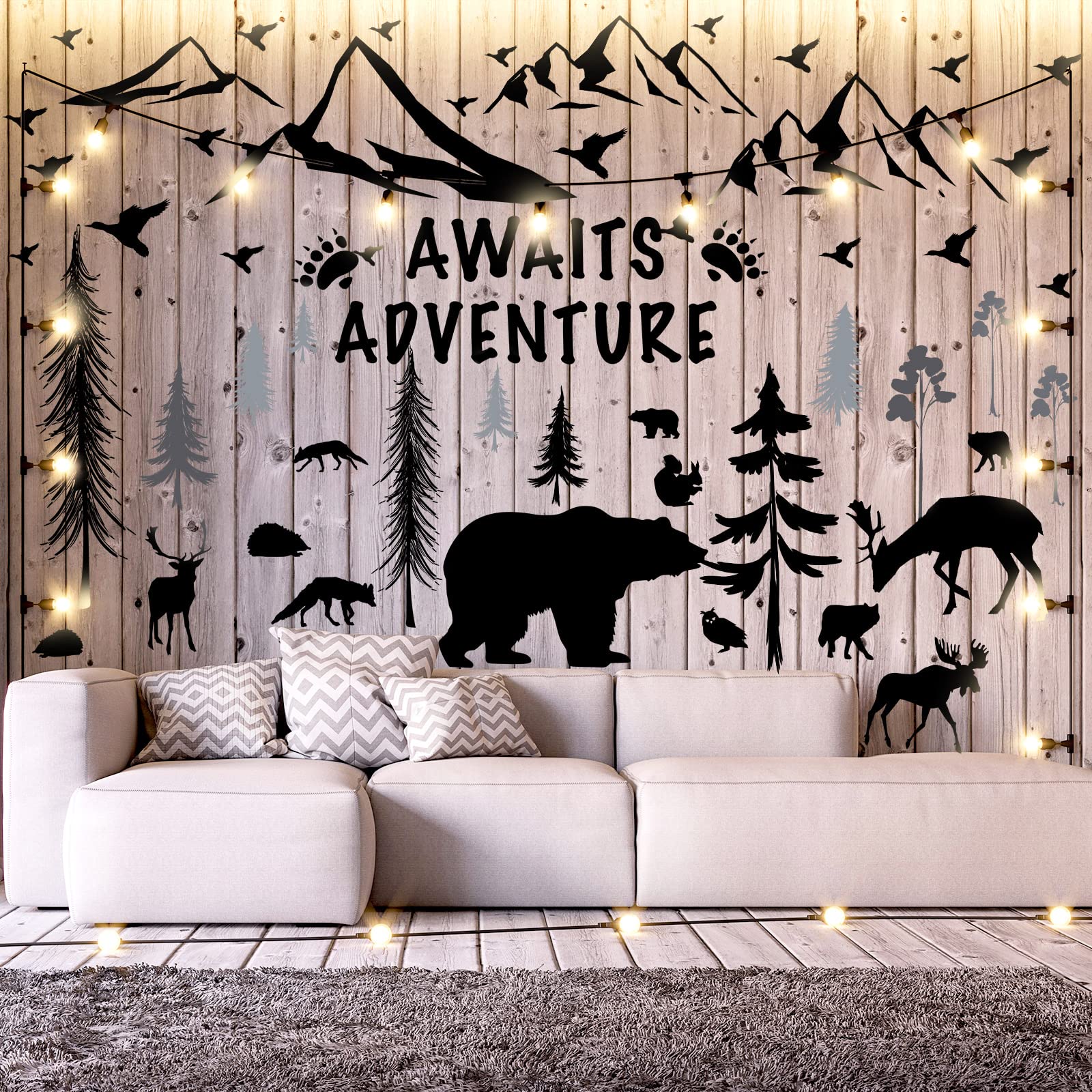 4 Sheets Mountain Wall Decal Rustic Nursery Wall Decals Dreamy Forest with Pine Tree Deer Peel and Stick Inspirational Quote Wall Stickers DIY Wall Decals for Kids' Room (Black,19.69 x 15.75 Inches)