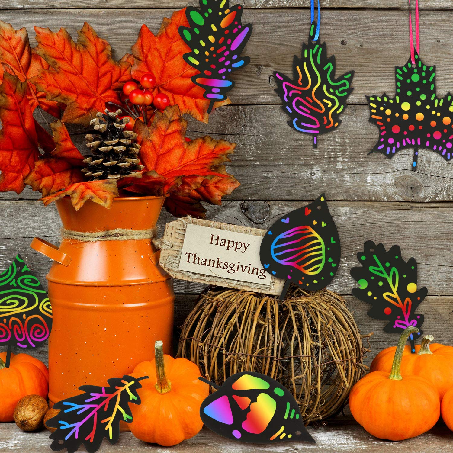50 Pieces Scratch Fall Leaves Colorful Scratch Leaves Scratch Rainbow Art Paper with Ribbons and Wooden Stylus for Thanksgiving Harvest Party (Black)