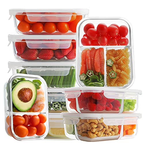 Bayco 9 Pack Glass Meal Prep Containers 3 & 2 & 1 Compartment, Glass Food Storage Containers with Lids, Airtight Glass Lunch Bento Boxes, BPA-Free & Leak Proof (9 lids & 9 Containers) - White