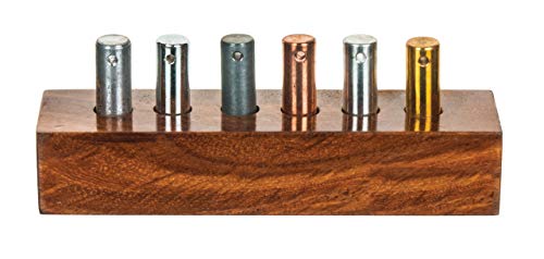 6pc Specific Heat Metal Cylinders Set - Copper, Lead, Brass, Zinc, Iron & Aluminum - Includes Wooden Storage Block - for Specific Heat, Specific Gravity & Density Experimentation - Eisco Labs