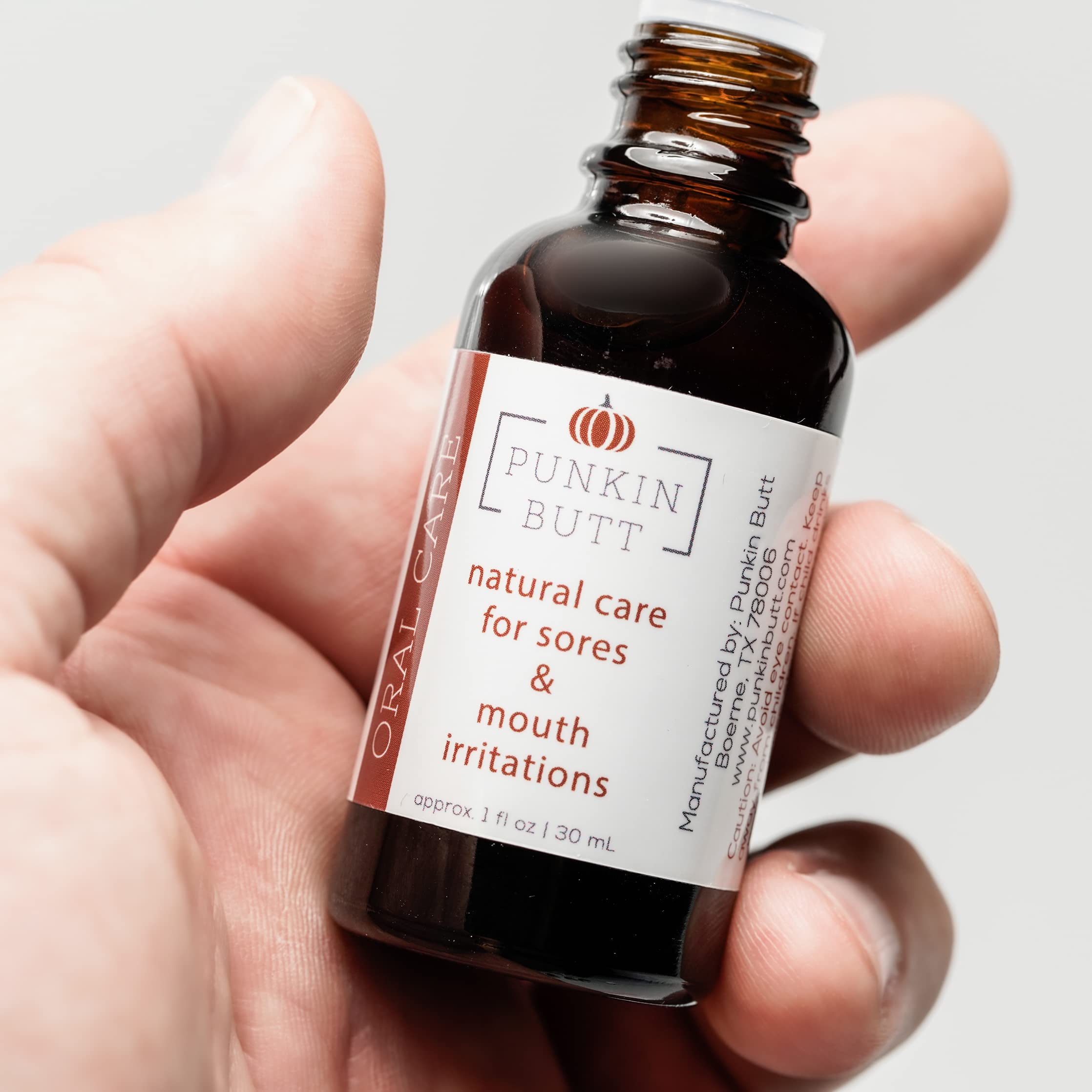 Punkin Butt Oral Care 1 oz Glass Bottle. Chamomile, Clove, Peppermint. Natural, Safe, Effective; Cruelty-Free, Vegan, use as Often as Needed.