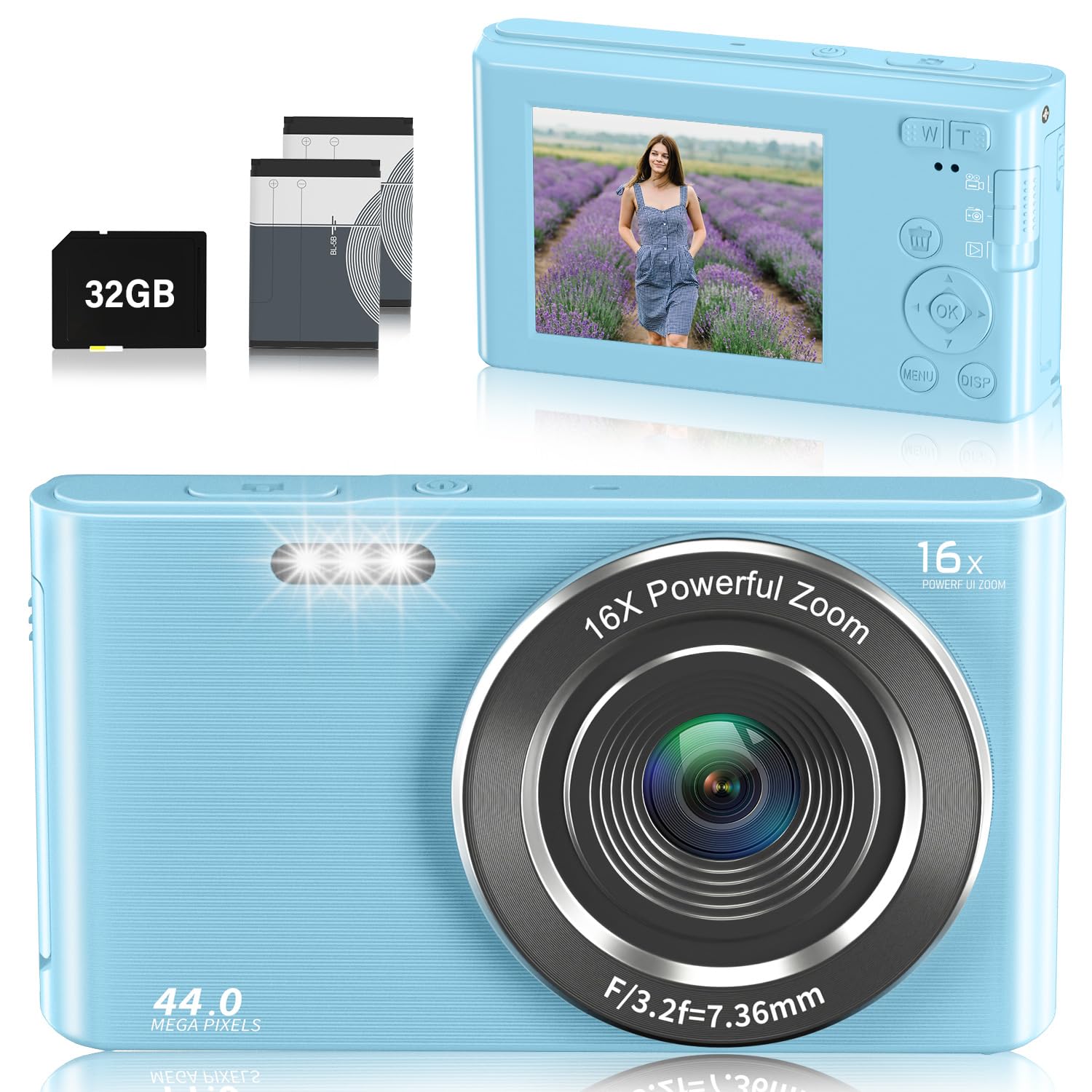 1080P Digital Camera for Photography and Video 16X Digital Zoom, 44MP Vlogging Camera with 32GB SD Card, Compact Camera for Travel