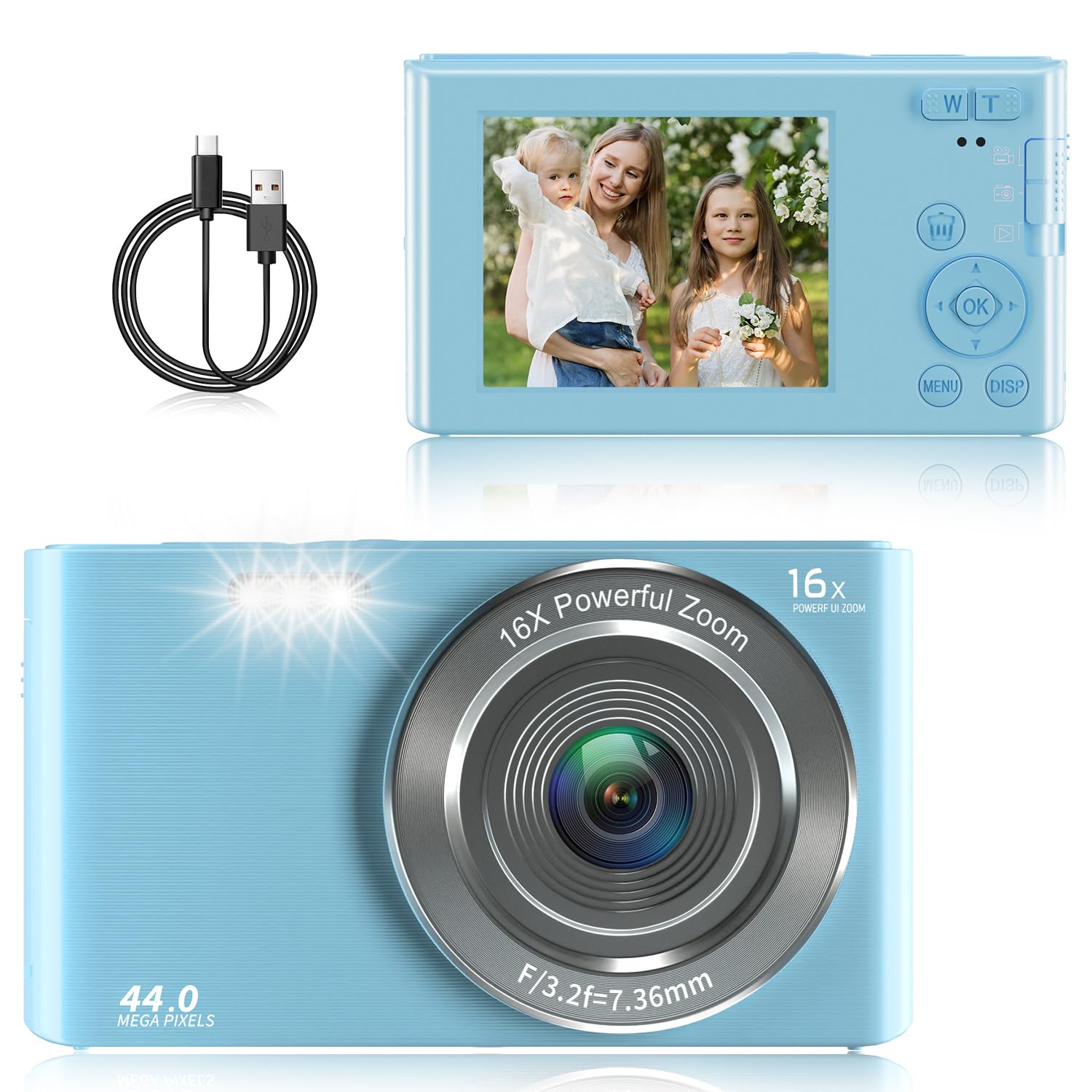 1080P Digital Camera for Photography and Video 44MP Vlogging Camera for YouTube Compact Camera 16X Digital Zoom with Flash,32G SD Card, 2 Batteries
