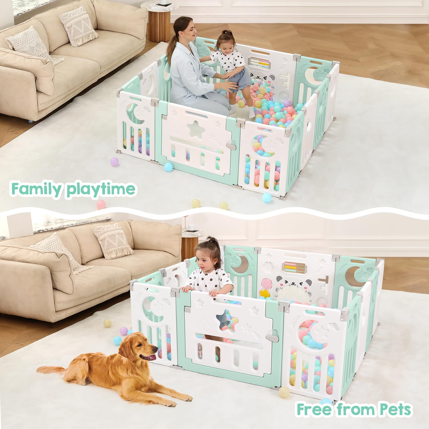 Baby Playpen, Dripex Foldable Playpen for Babies and Toddlers, Custom Shape Baby Fence, Safety Play Yard with Gate, Portable Play Area for Indoor or Outdoor, Light Green White, 14 Panel