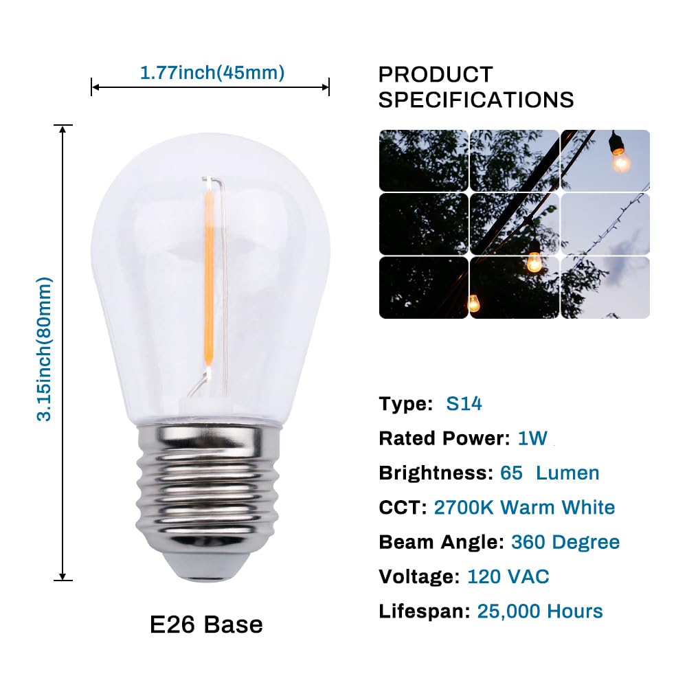 12 Pack S14 Light Bulbs, 2W, LED Replacement Outdoor String Light Bulbs,2700K Non Dimmable,Shatterproof Vintage Edison Outdoor Light Bulbs, E26 Base