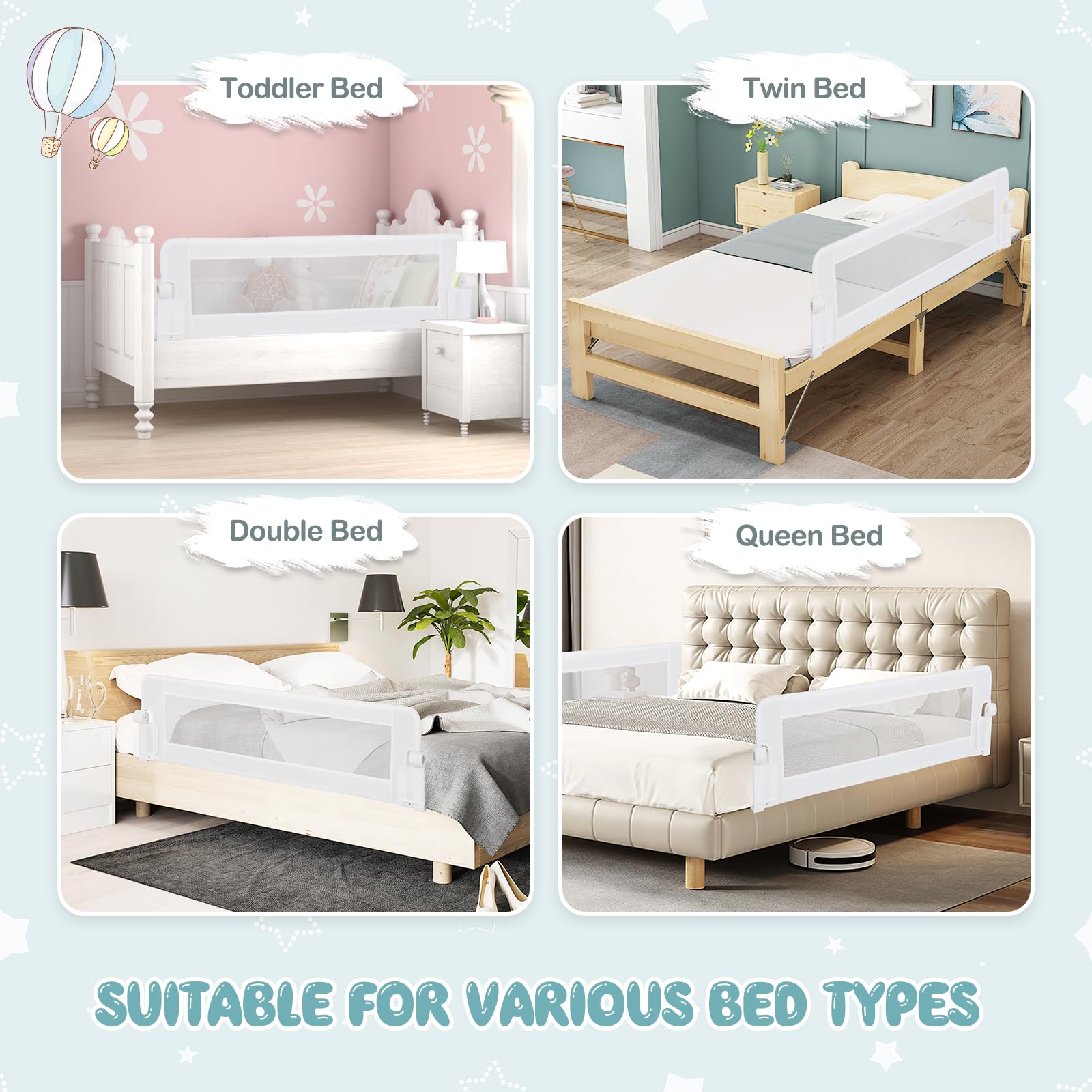 BABY JOY Double Sided Bed Rail Guard, 2 Pack, Extra Long, Swing Down for Convertible Crib, Folding Baby Safety Bedrail for Kids Twin Full Size Queen King Mattress, Rails for Toddlers (White, 60-Inch)