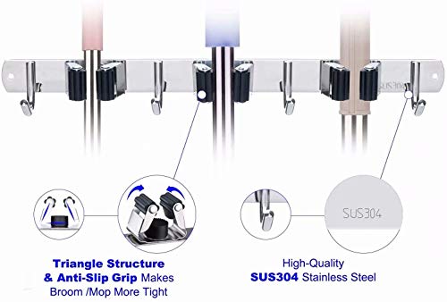 ANDERZS Broom Holder Wall Mount，Latest Upgrade Stainless Steel Holder Wall Mounted Heavy Duty Broom Mop Hanger， for Kitchen Bathroom Garage Organizer Closet Office and Garden,White